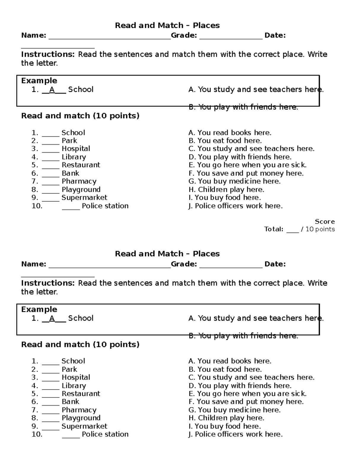 Read and Match Places - English Activity (10 Points) - Studocu