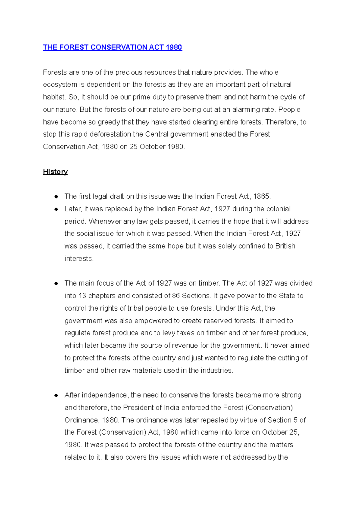 Forest Conservation Act 1980: A Comprehensive Overview - Studocu