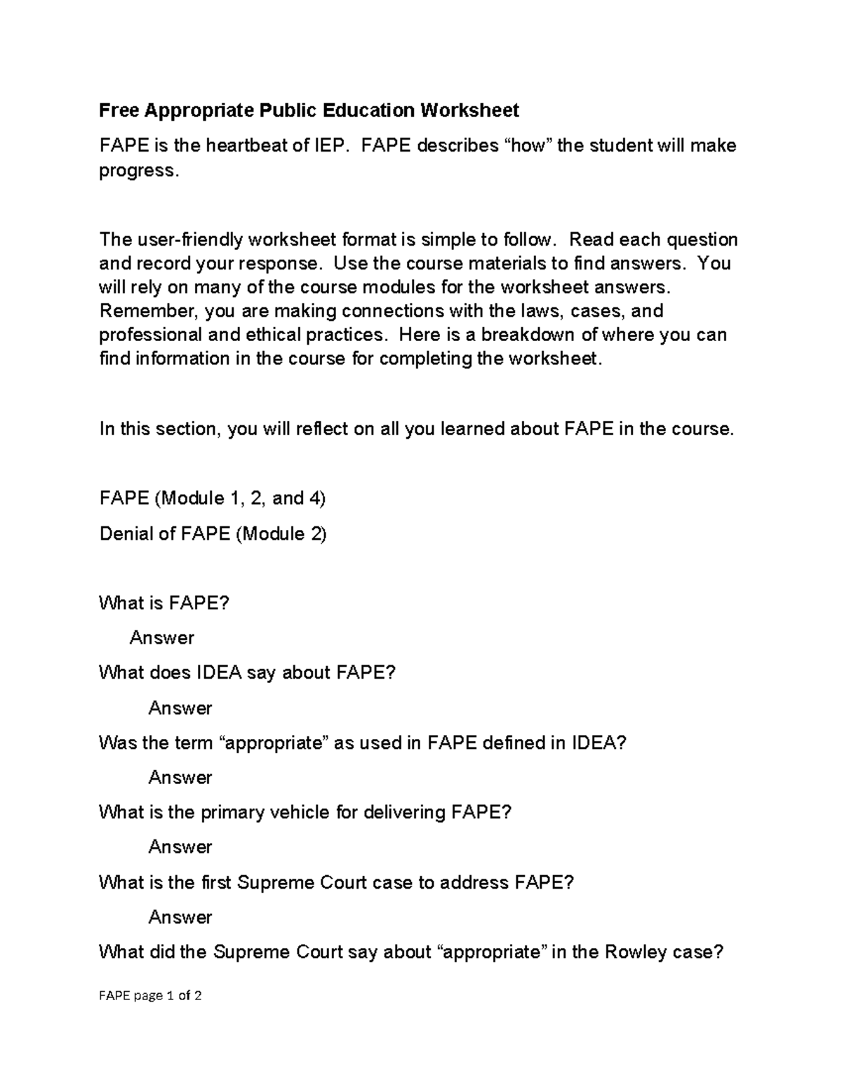 FAPE Worksheet - Notes for FAPE - Free Appropriate Public Education ...