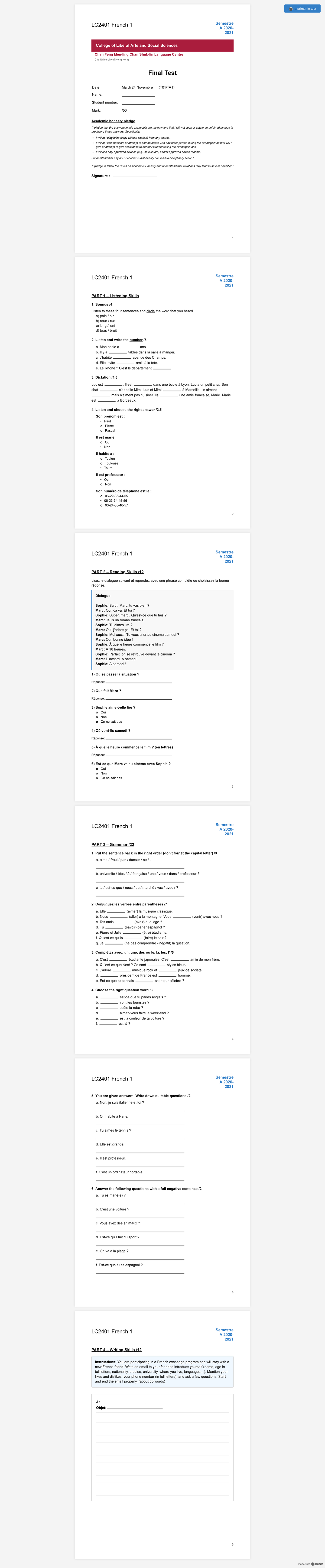 LC2401 French 1 - Final Test Document for Semester A 20202021 - Studocu