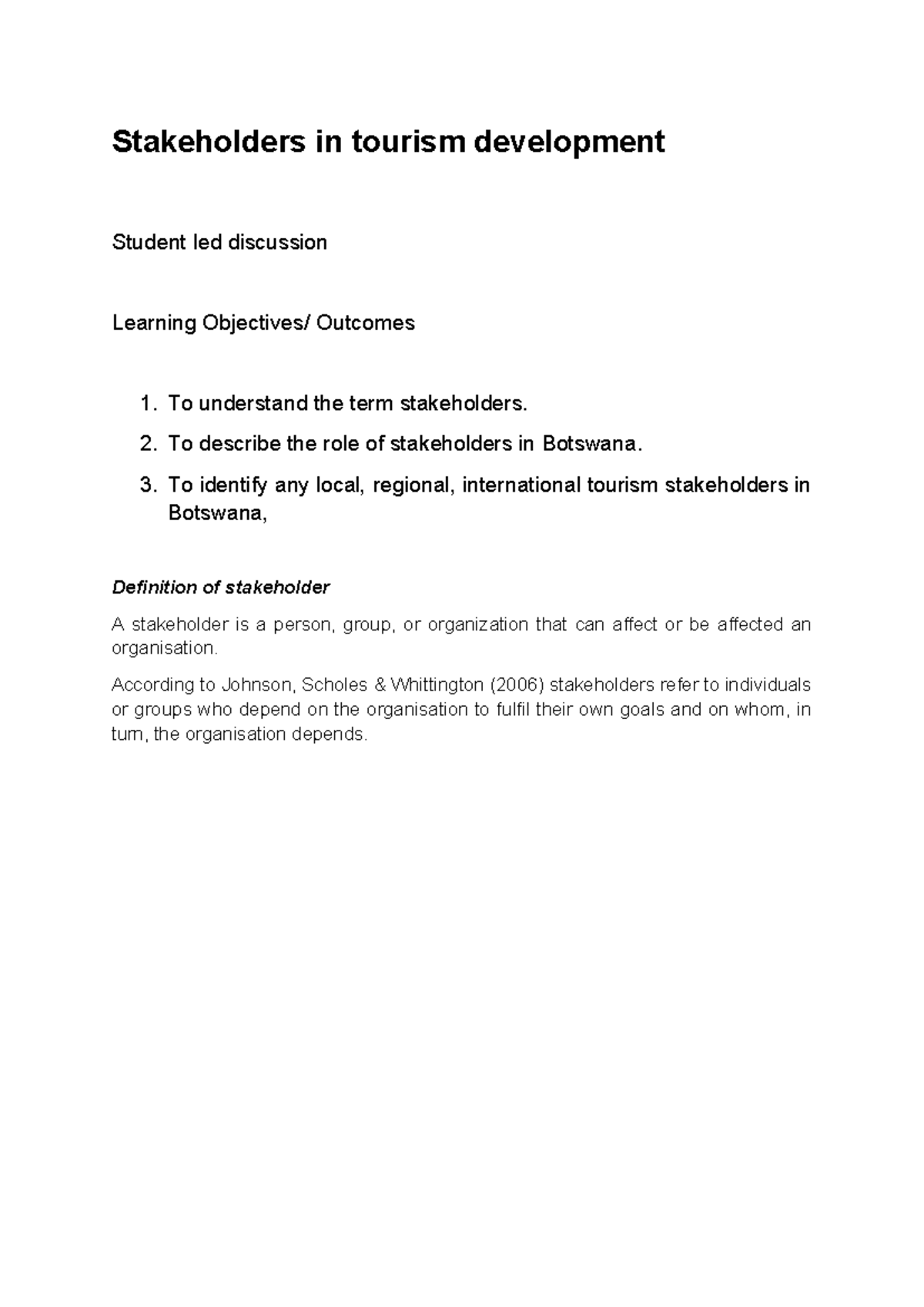 Stakeholders in Tourism Development: A Student Discussion - Studocu