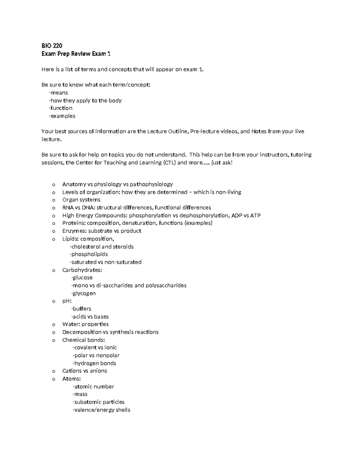BIO 220 Exam 1 Prep: Key Terms & Concepts Review - Studocu