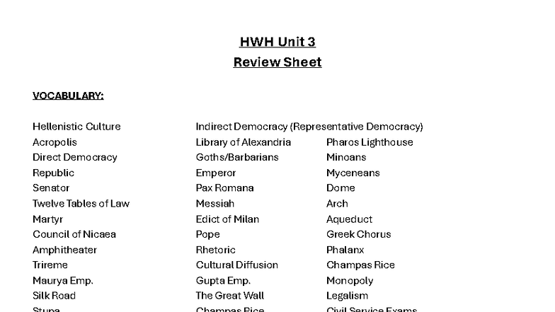 HWH Unit 3 Review Sheet: Key Terms & Historical Figures - Studocu