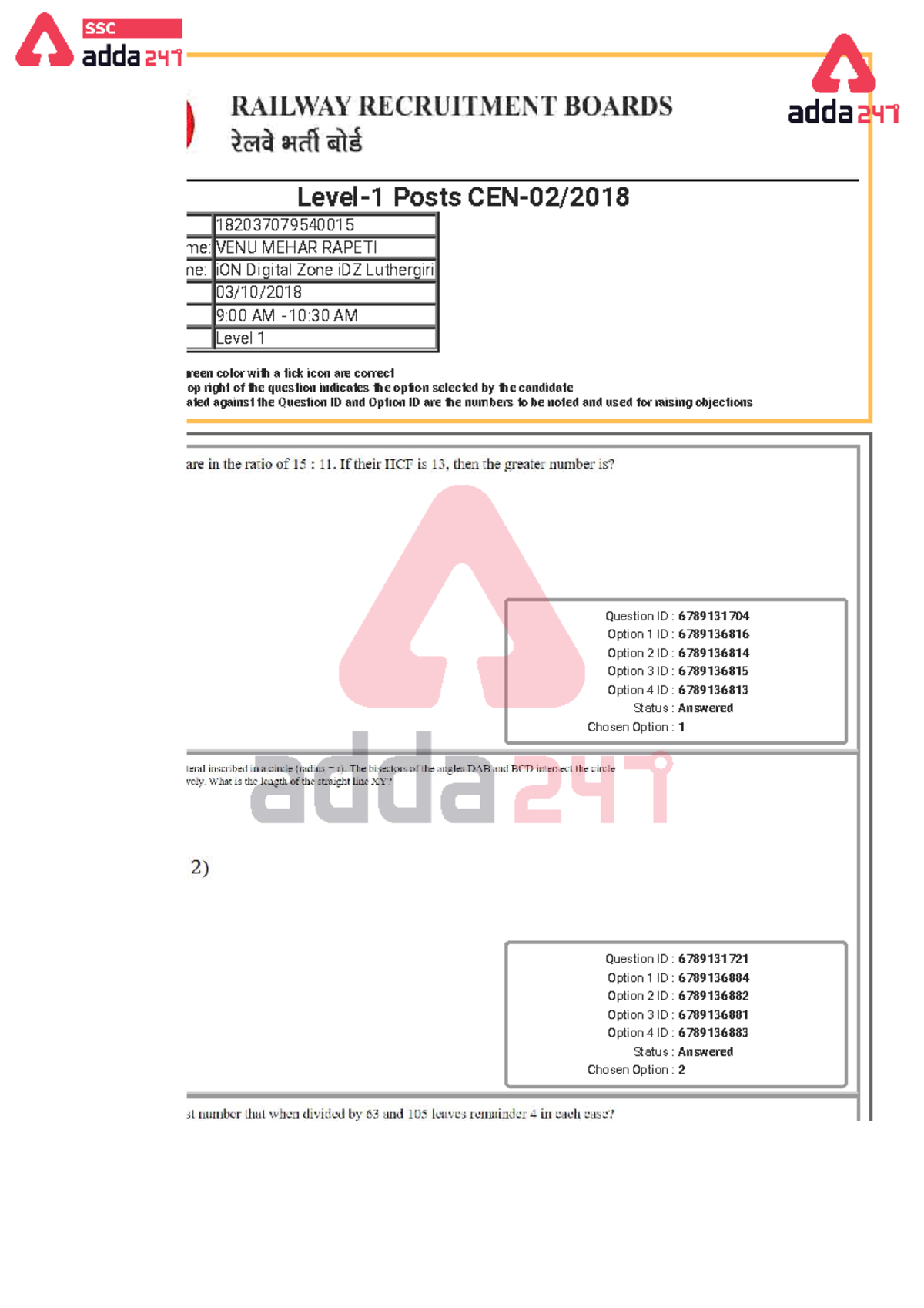 Rrb group d previous year paper 2 - Q. Ans 1. 2. 3. 4. Question ID ...