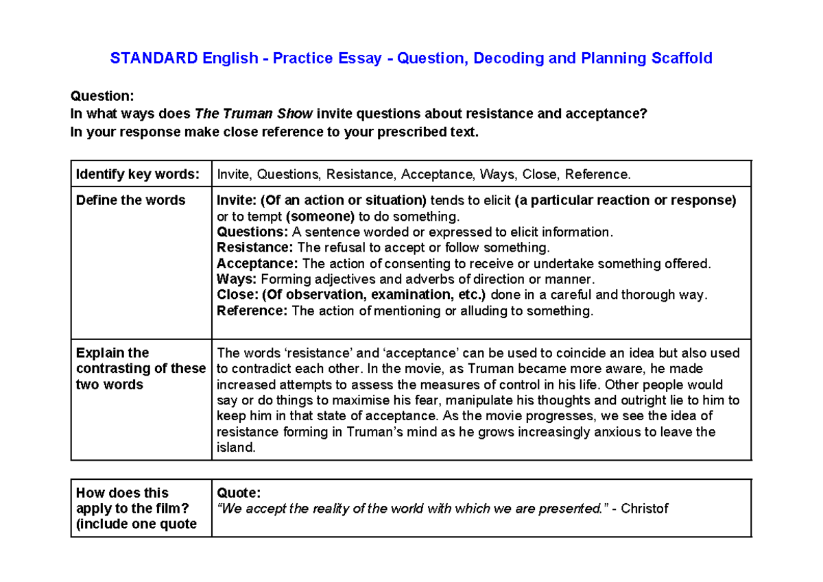 Planning Scaffold for Essay - STANDARD English - Practice Essay - Question, Decoding and ...