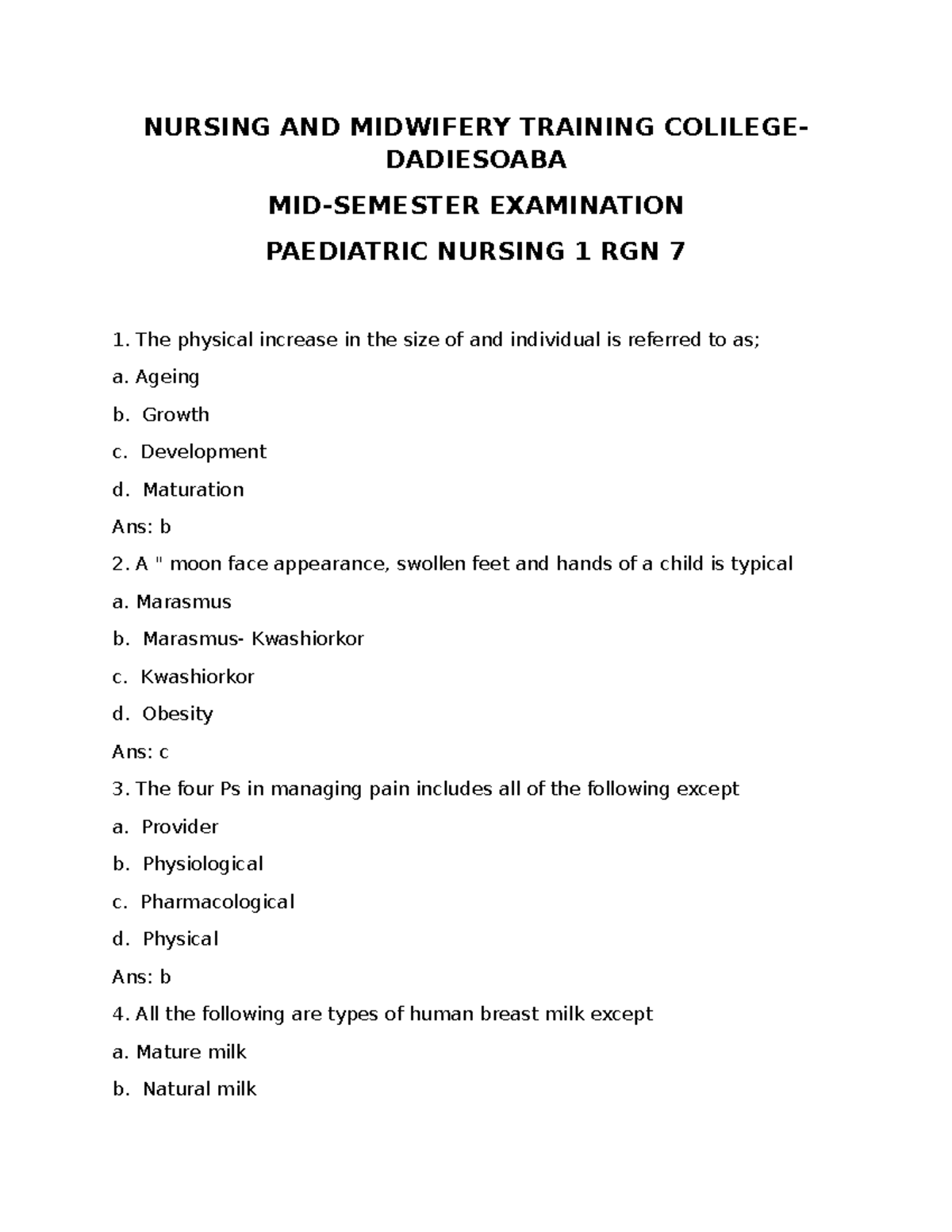 Pediatric Quiz 1-20 - Learning material - NURSING AND MIDWIFERY ...