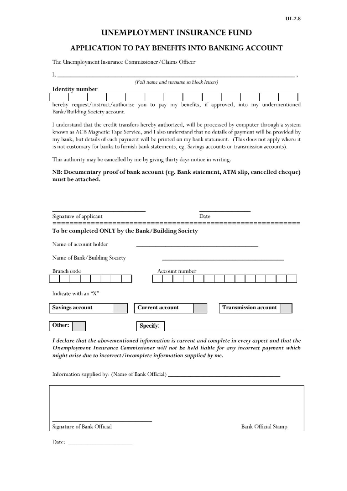 UI2.8 - Application for Unemployment Benefits Payment to Bank Account ...