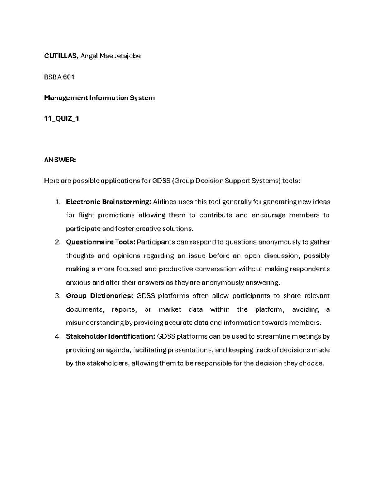 BSBA 601: Quiz 1 Applications of GDSS Tools in MIS - Studocu
