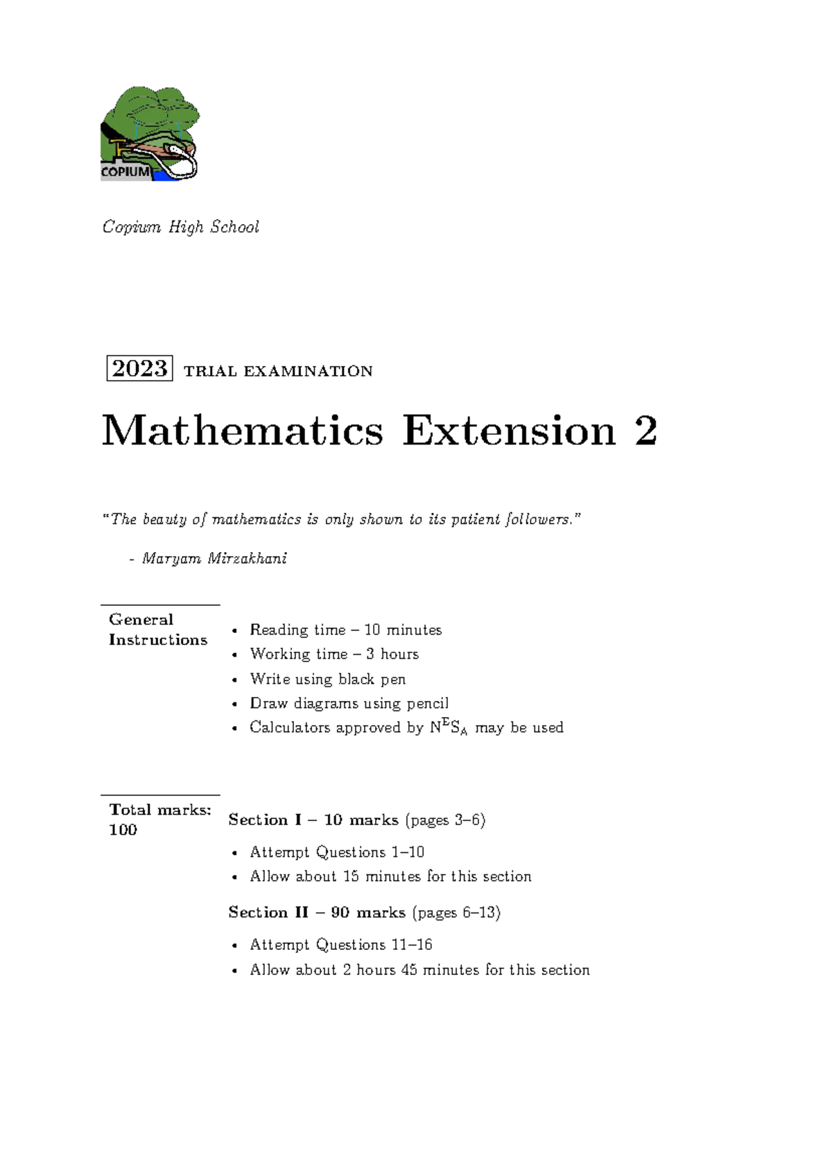 Mathematics Extension 2 HSC Trial Exam Paper by Students - Studocu