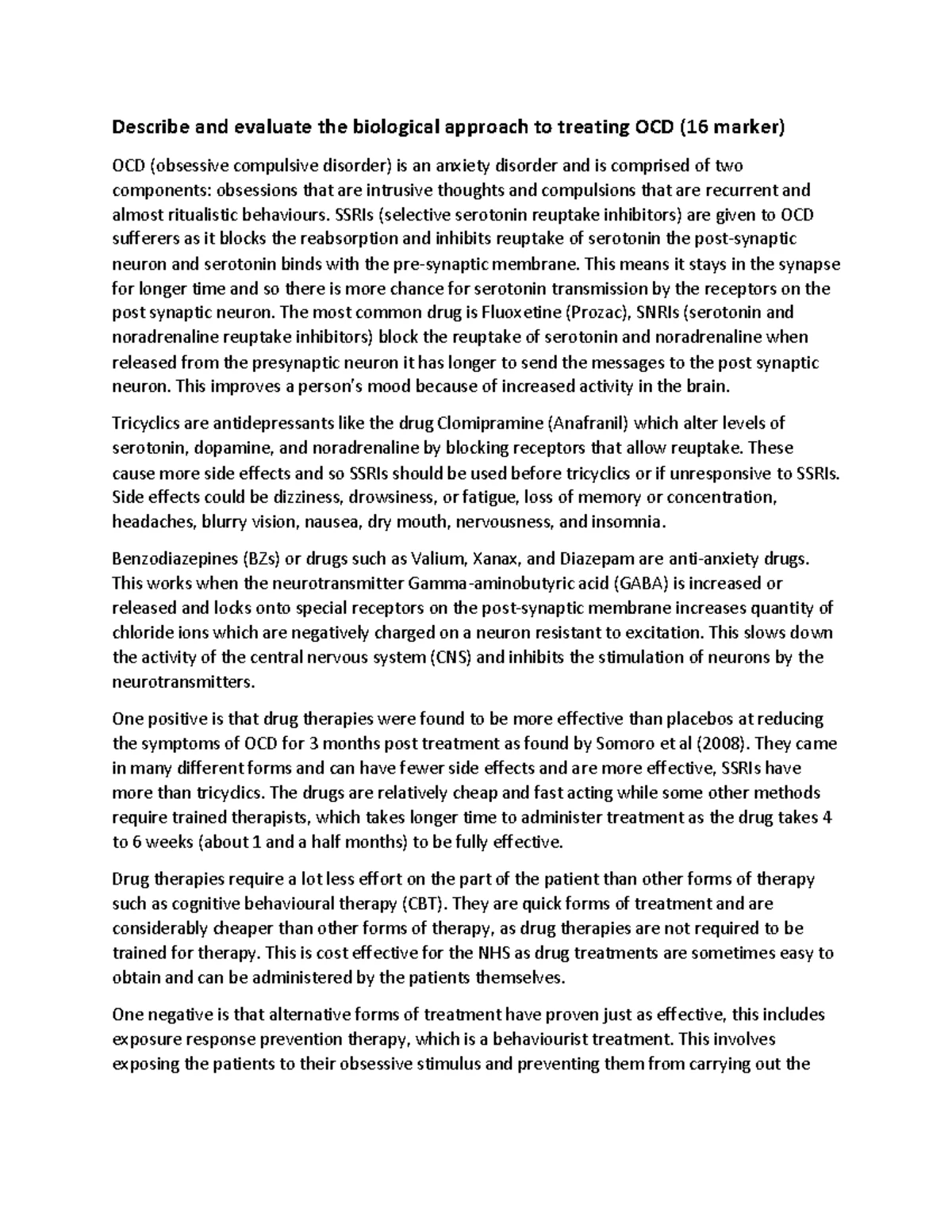 Psychopathology essay - Biological explanation of OCD (16 marker ...