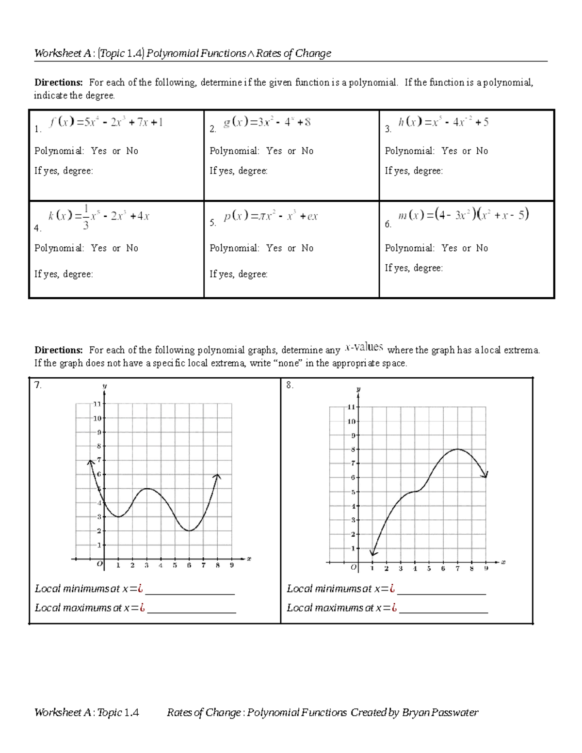 Worksheet A Topic 1.4 Polynomial Functions and Rates of Change AP PC 1 ...