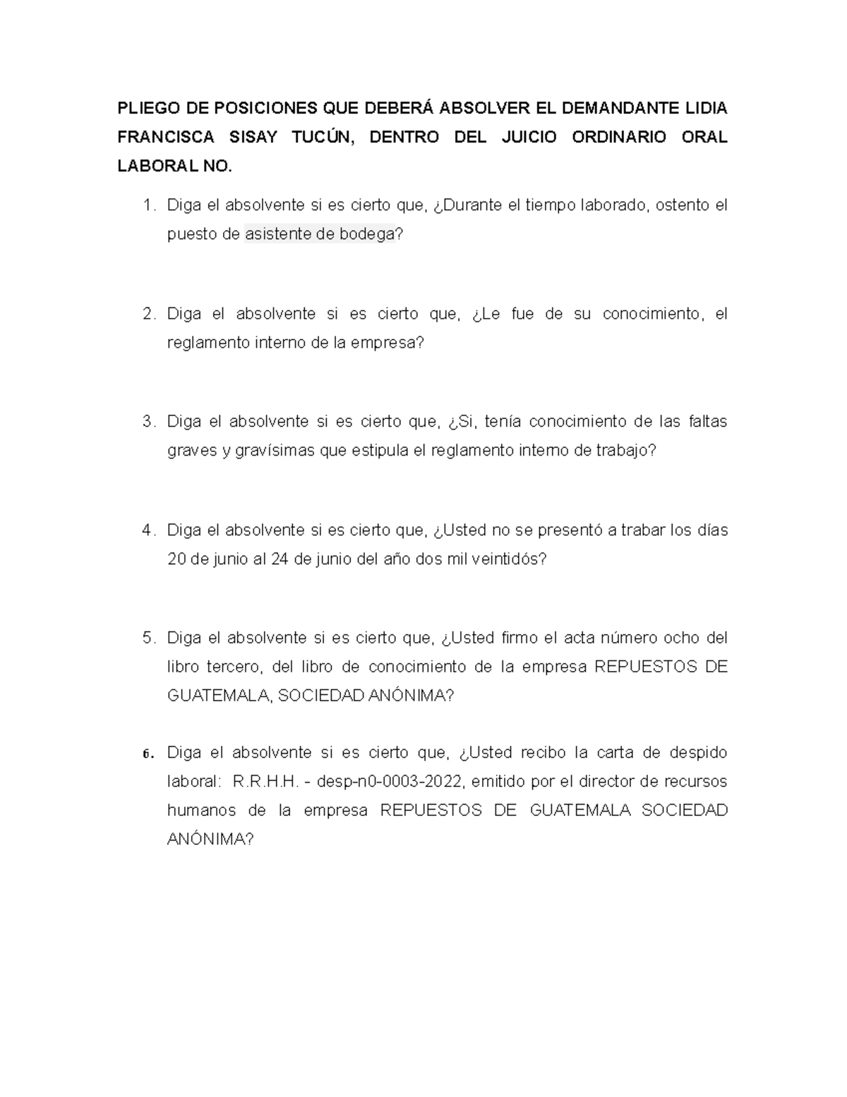 Pliego de Posiciones para el Demandante en Juicio Laboral Ordinario ...