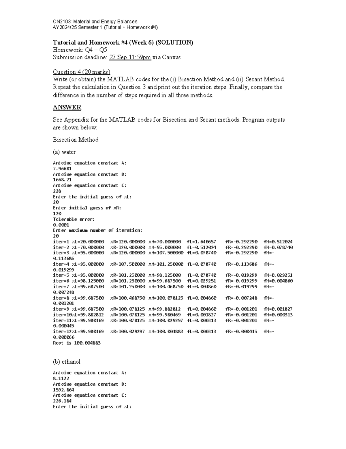 CN2103: Material and Energy Balances Semester 1 (Tutorial Homework ...