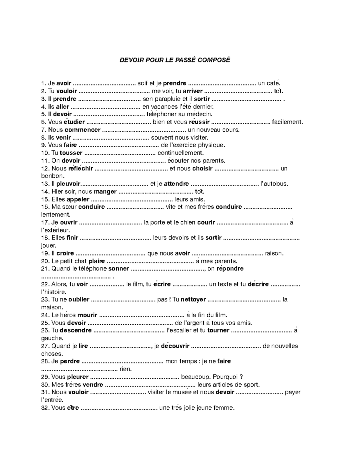 Devoir POUR LE Passé Composé - DEVOIR POUR LE PASSÉ COMPOSÉ Je avoir ...