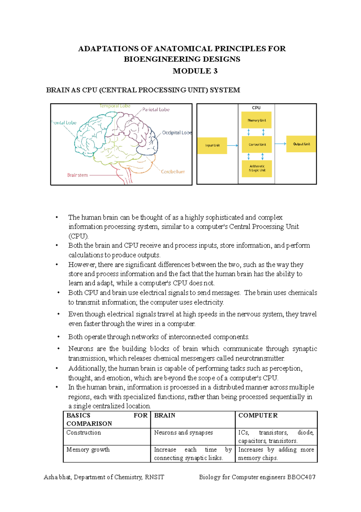 Bio Module 3 Notes: Brain as CPU & Biological Systems (BBOC407) - Studocu