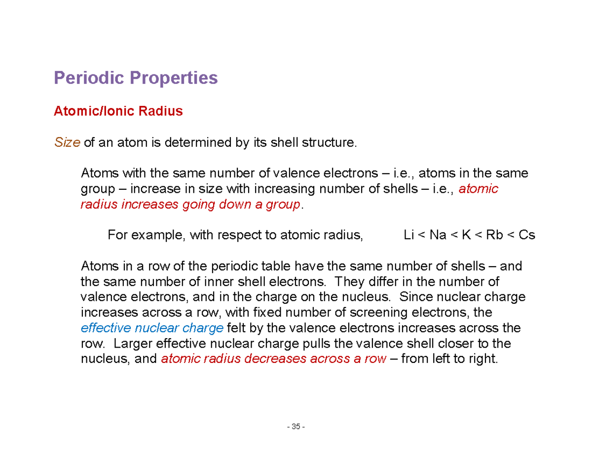 CHEM1A03 Notes: Periodic Properties and Atomic Radius Trends - Studocu