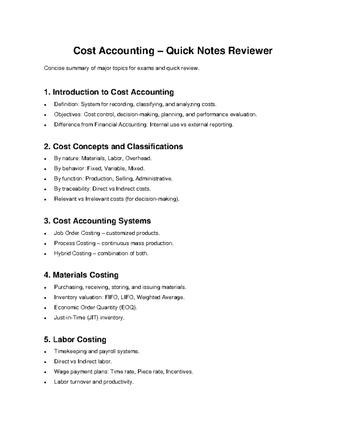 Cost Accounting (ACCT 101) Quick Review Notes for Exams - Studocu
