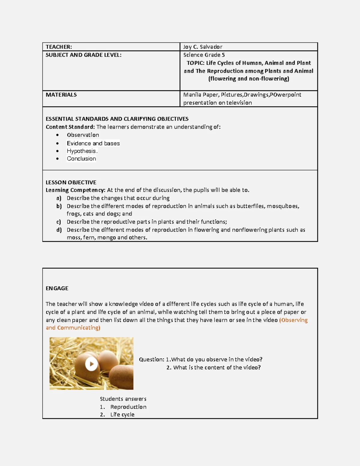 Science 5 ( Matter) 5E Lesson PLAN - TEACHER: Joy C. Salvador SUBJECT ...