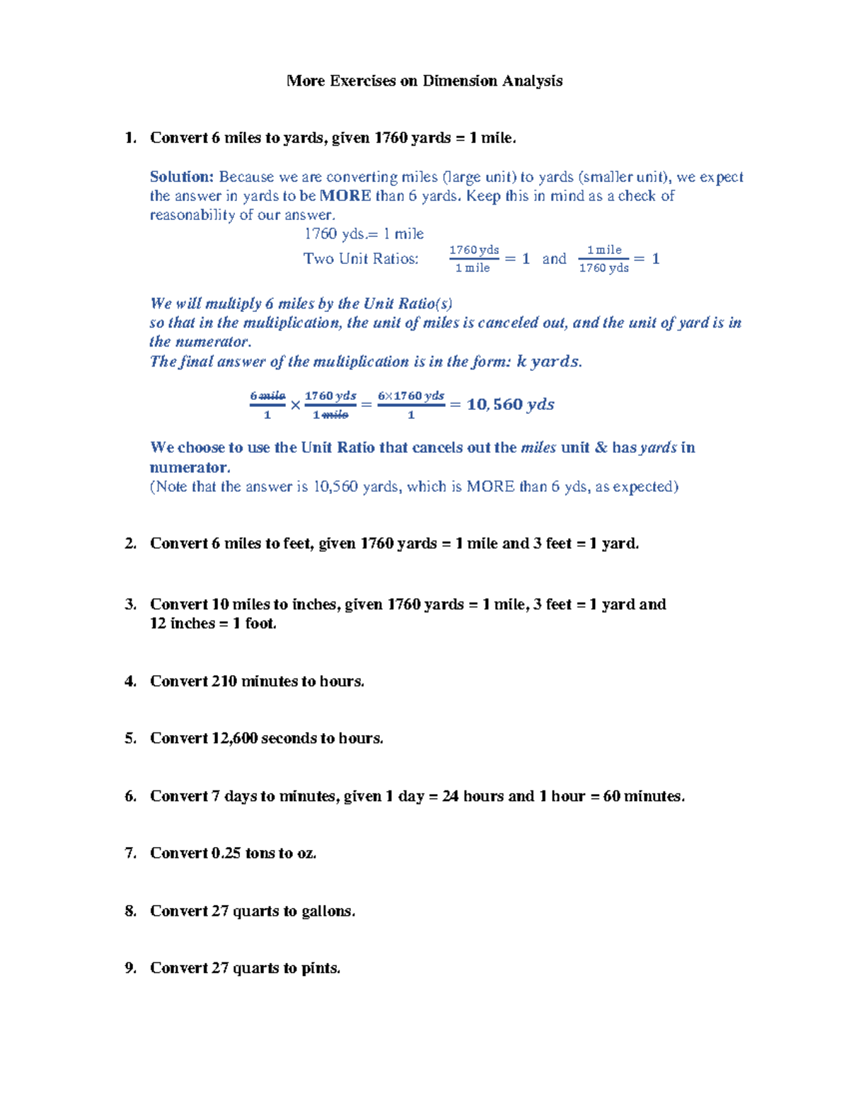 Dimension Analysis Exercises and Solutions (MATH 101) - Studocu