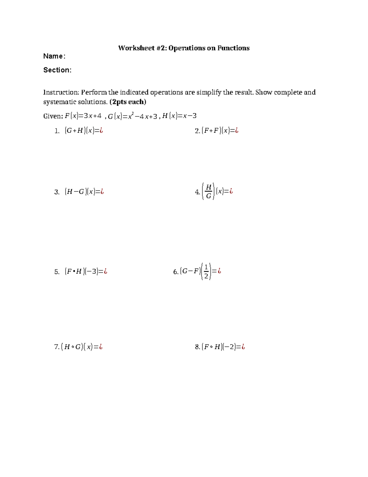 Worksheet No.2 2nd Quarter - Worksheet #2: Operations on Functions Name ...