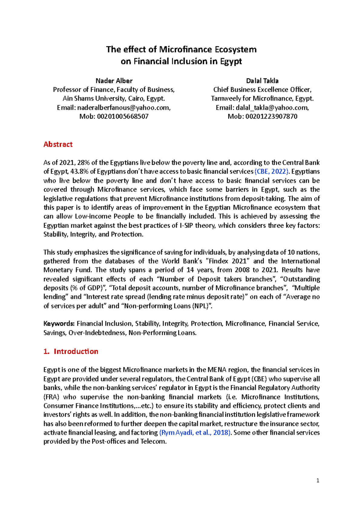 The effect of Microfinance Ecosystem on Financial Inclusion in Egypt 0 ...