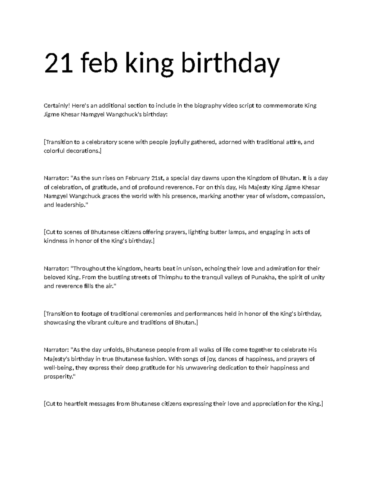 21 FEB: King Jigme Khesar Namgyel Birthday Celebration Script - Studocu