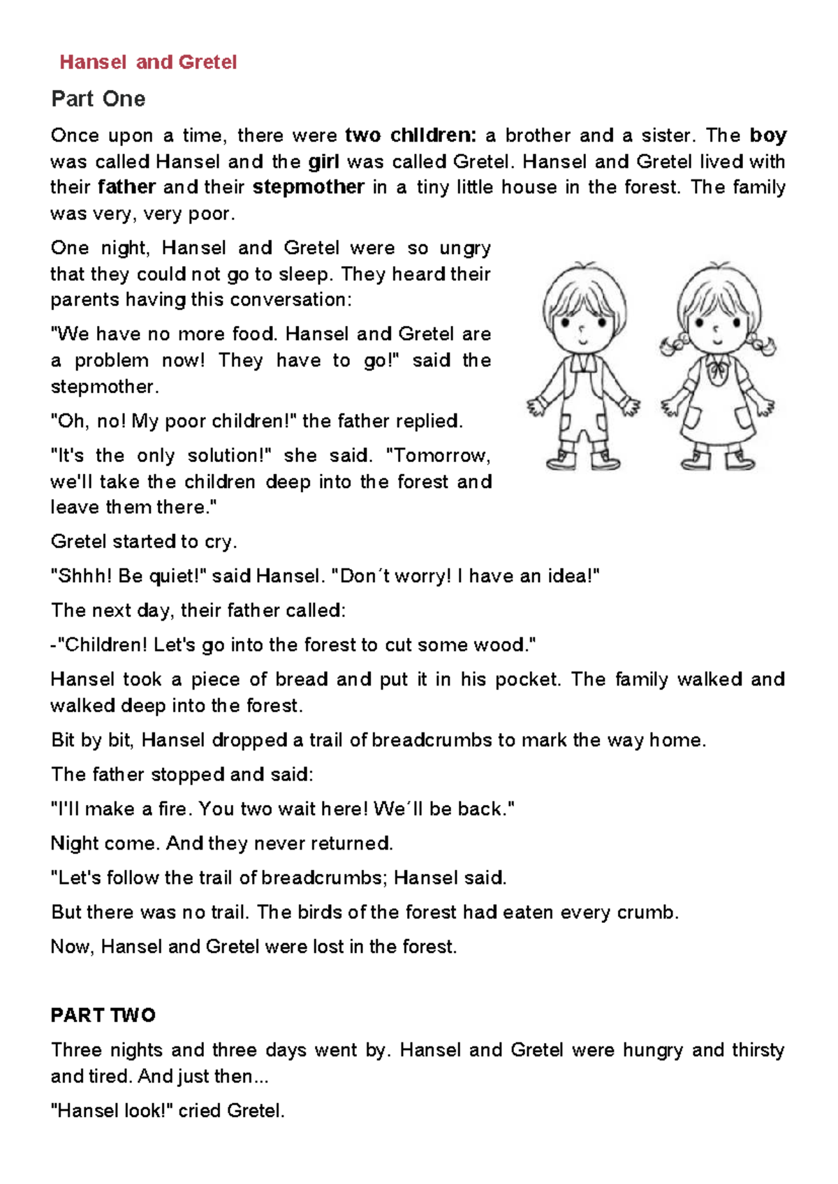 Hansel and Gretel - Lecturas en Inglés: Part One & Two - Studocu