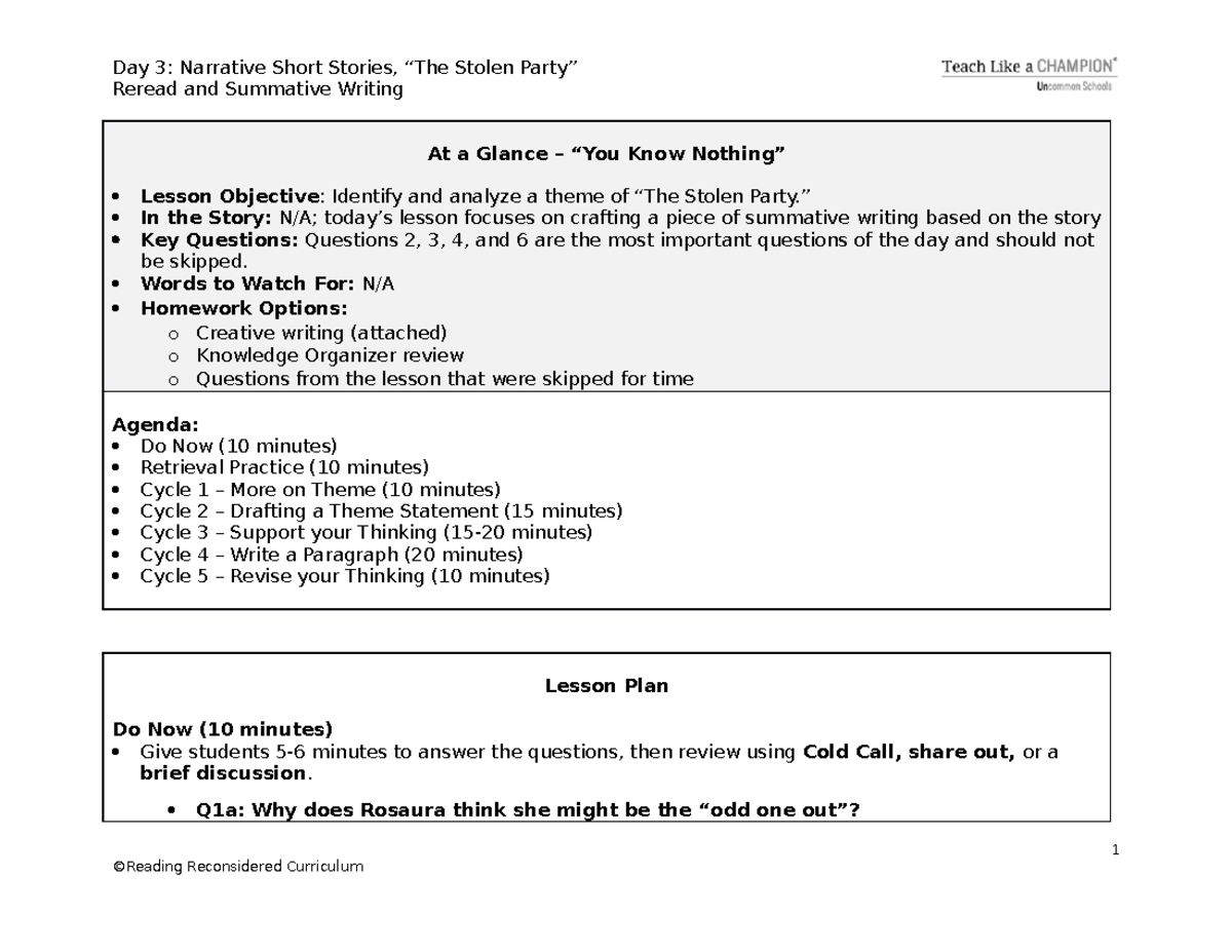 3-Short-Stories-Lesson-Plan Stolen-Party-Day-3 - Reread and Summative ...