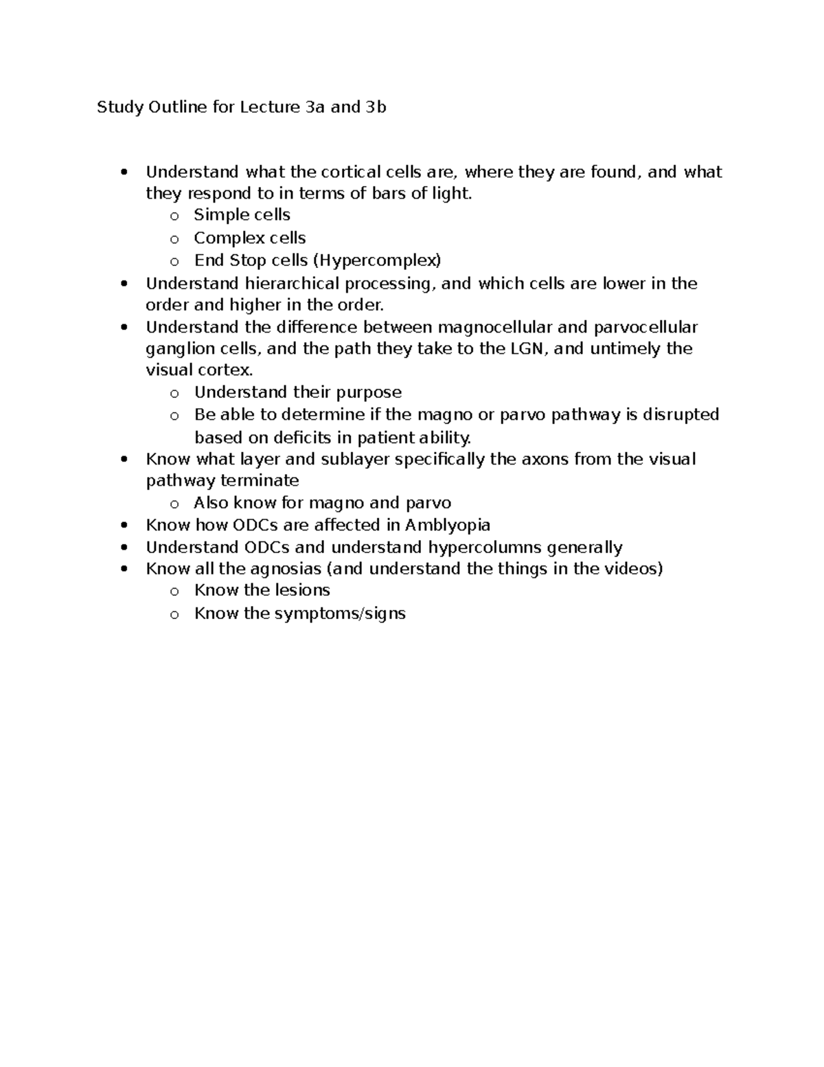 Lecture 3a & 3b Study Outline: Cortical Cells & Visual Pathways - Studocu