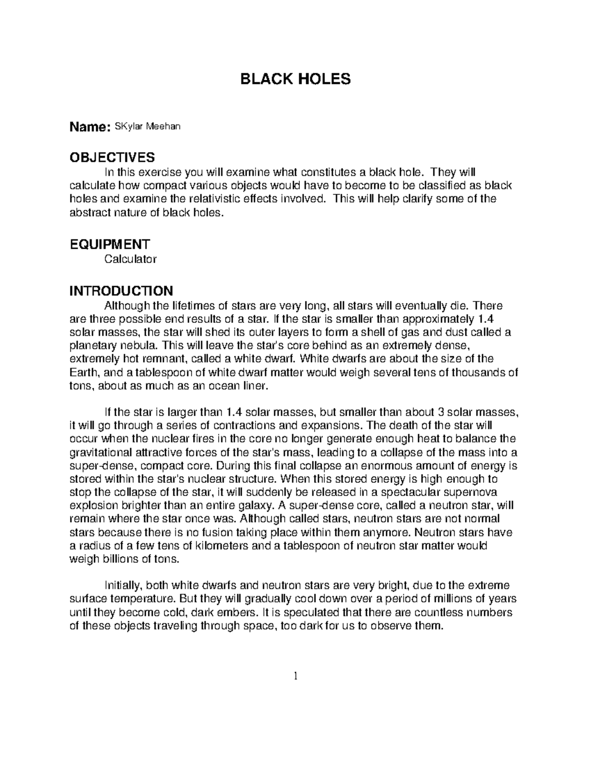 Lab9 Black Holes - Assignment - BLACK HOLES ####### Name ...
