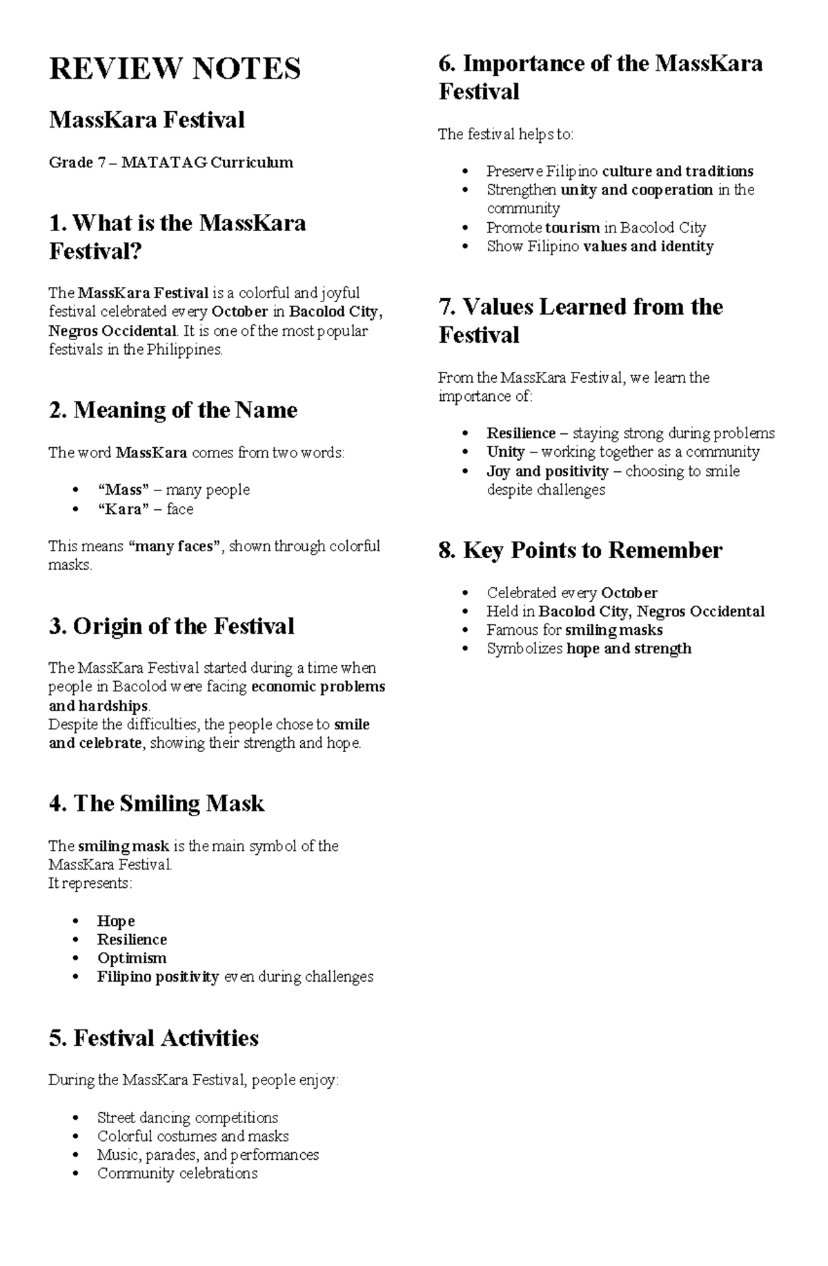 MassKara Festival Review Notes - Grade 7 MATATAG Curriculum - Studocu