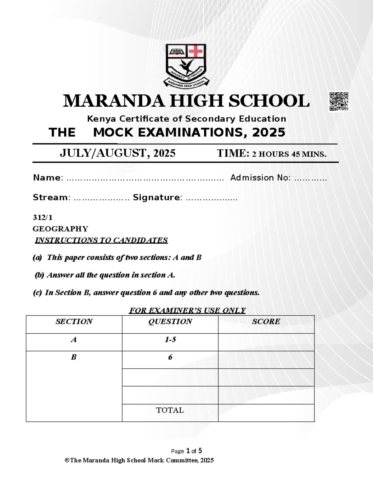 GEO PP1 - Maranda High School Mock Exam Geography 2025 - Studocu
