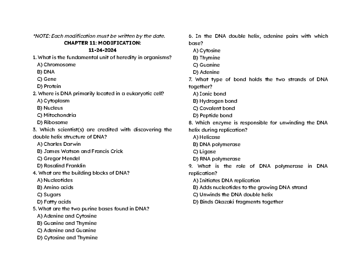 Chapter 11: DNA Structure and Replication Quiz Notes - Studocu