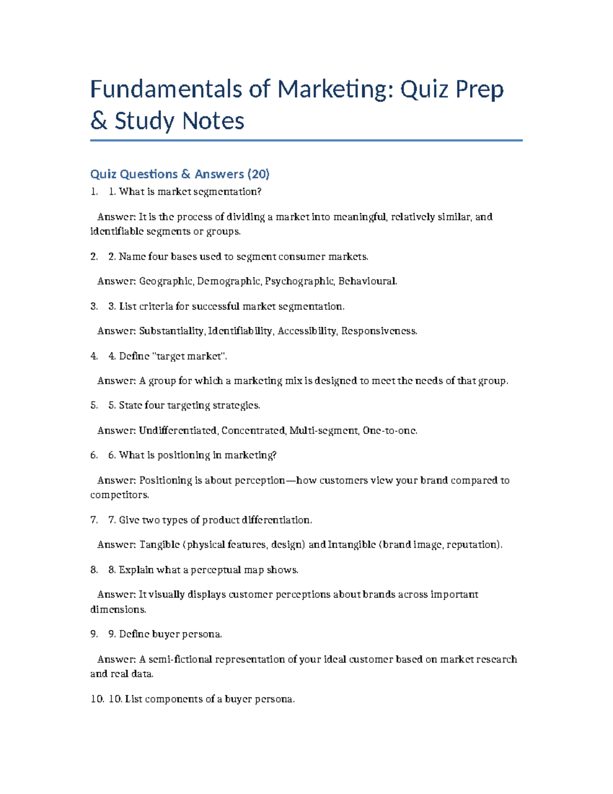 Fundamentals of Marketing: Quiz Prep Study Notes (MKT 101) - Studocu