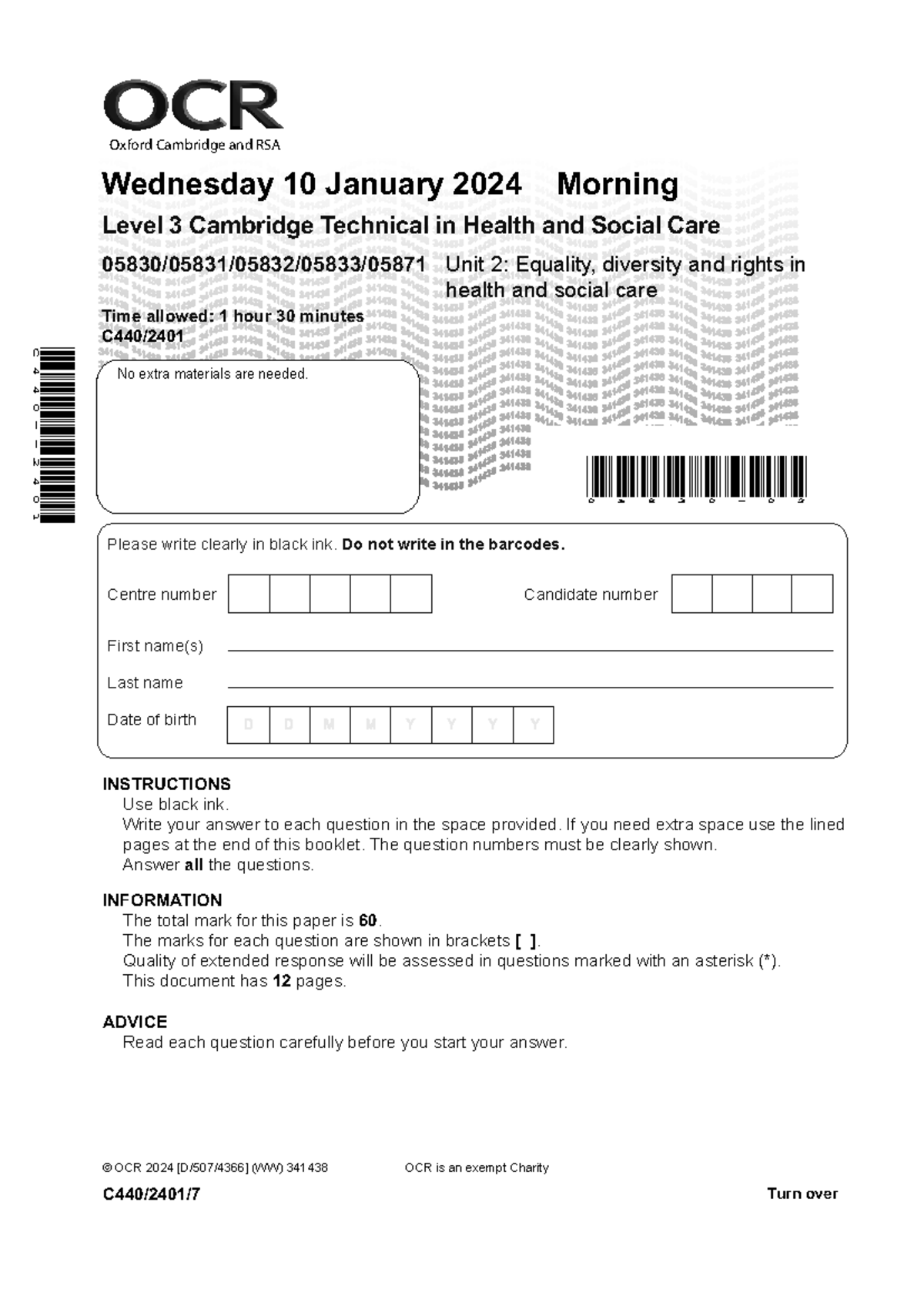 OCR Level 3 Cambridge Technical Health & Social Care Unit 2: Equality ...