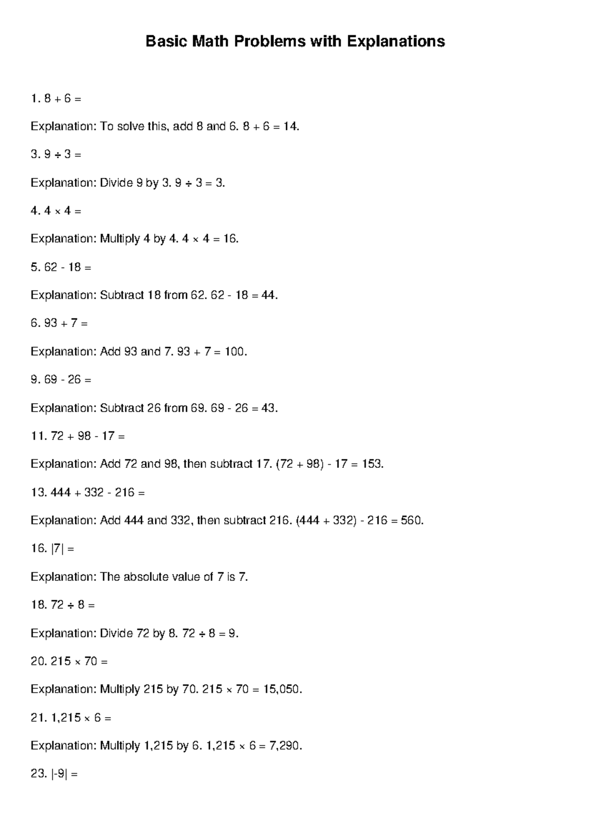Basic Math Problems with Explanations: Course MATH101 - Studocu