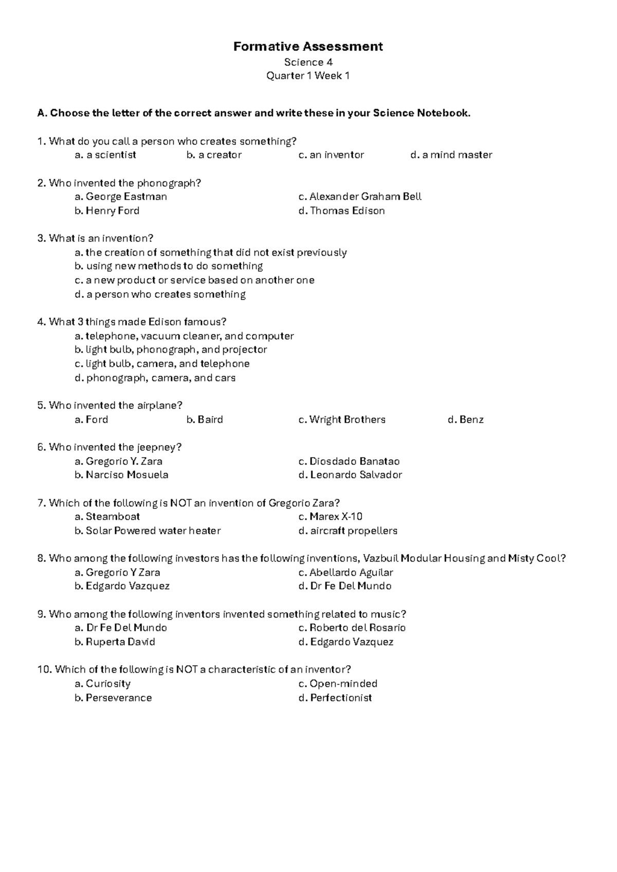 Formative Assessment Science 4 Q1: Week 1 to Week 8 Review - Studocu