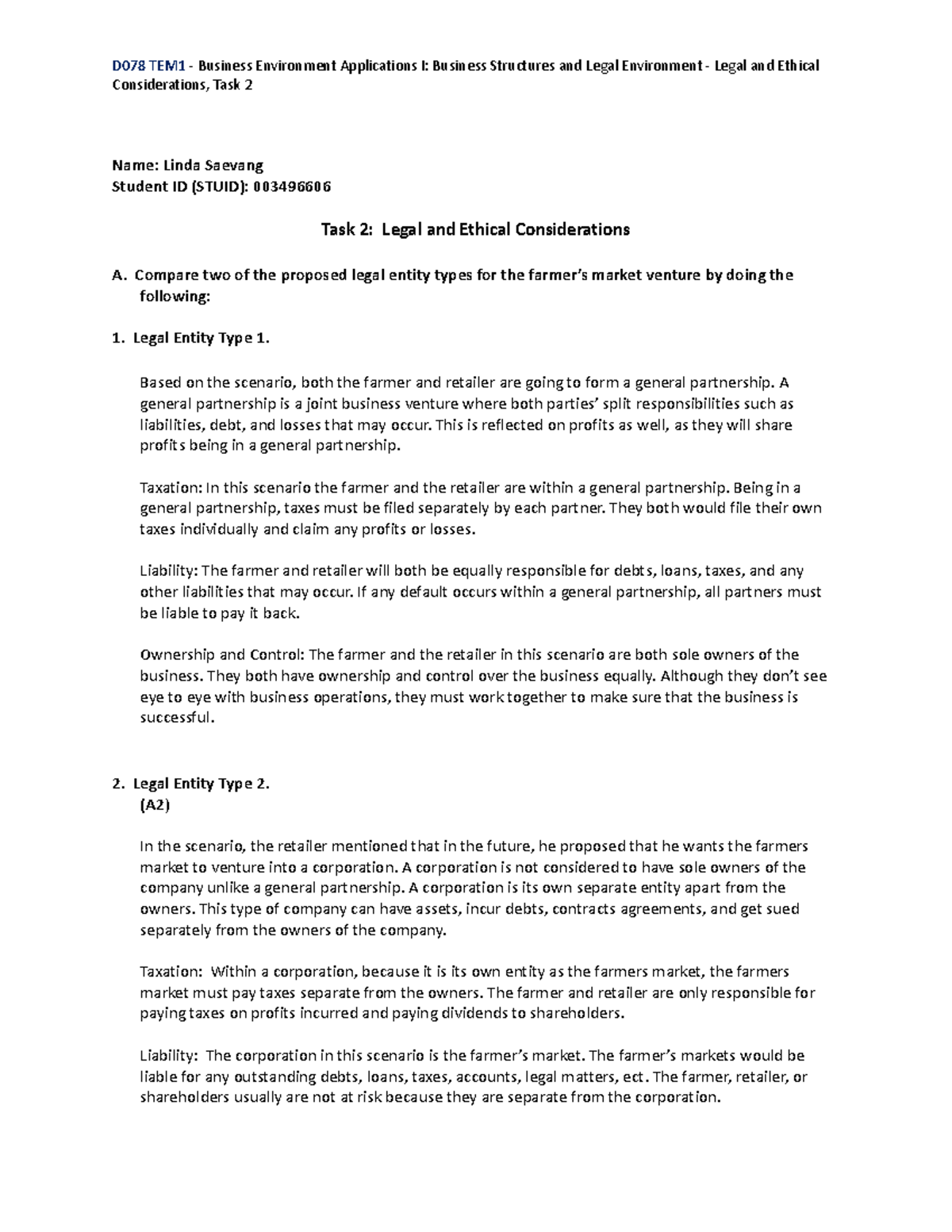 D078 Task 2 - Legal & Ethical Considerations in Business Structures ...