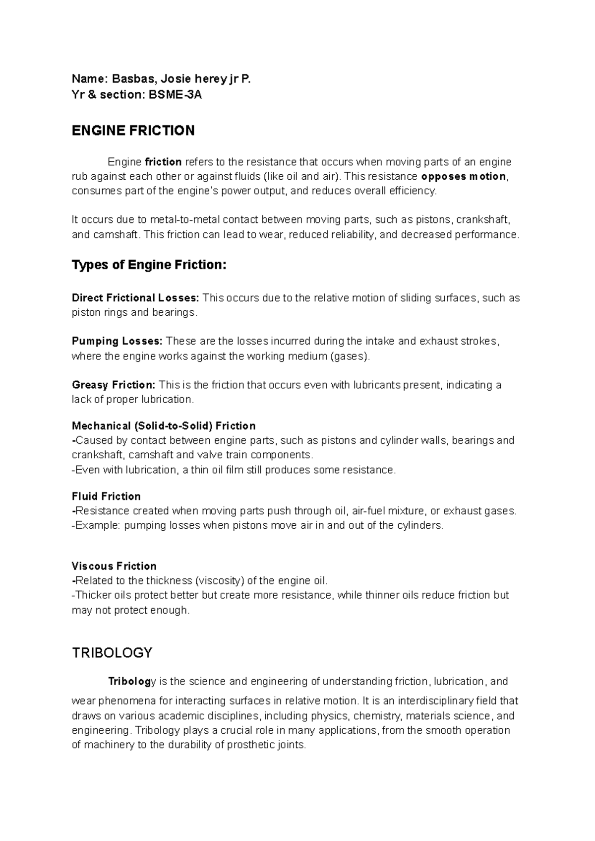 ENGINE FRICTION & TRIBOLOGY: Key Concepts and Terminologies - Studocu