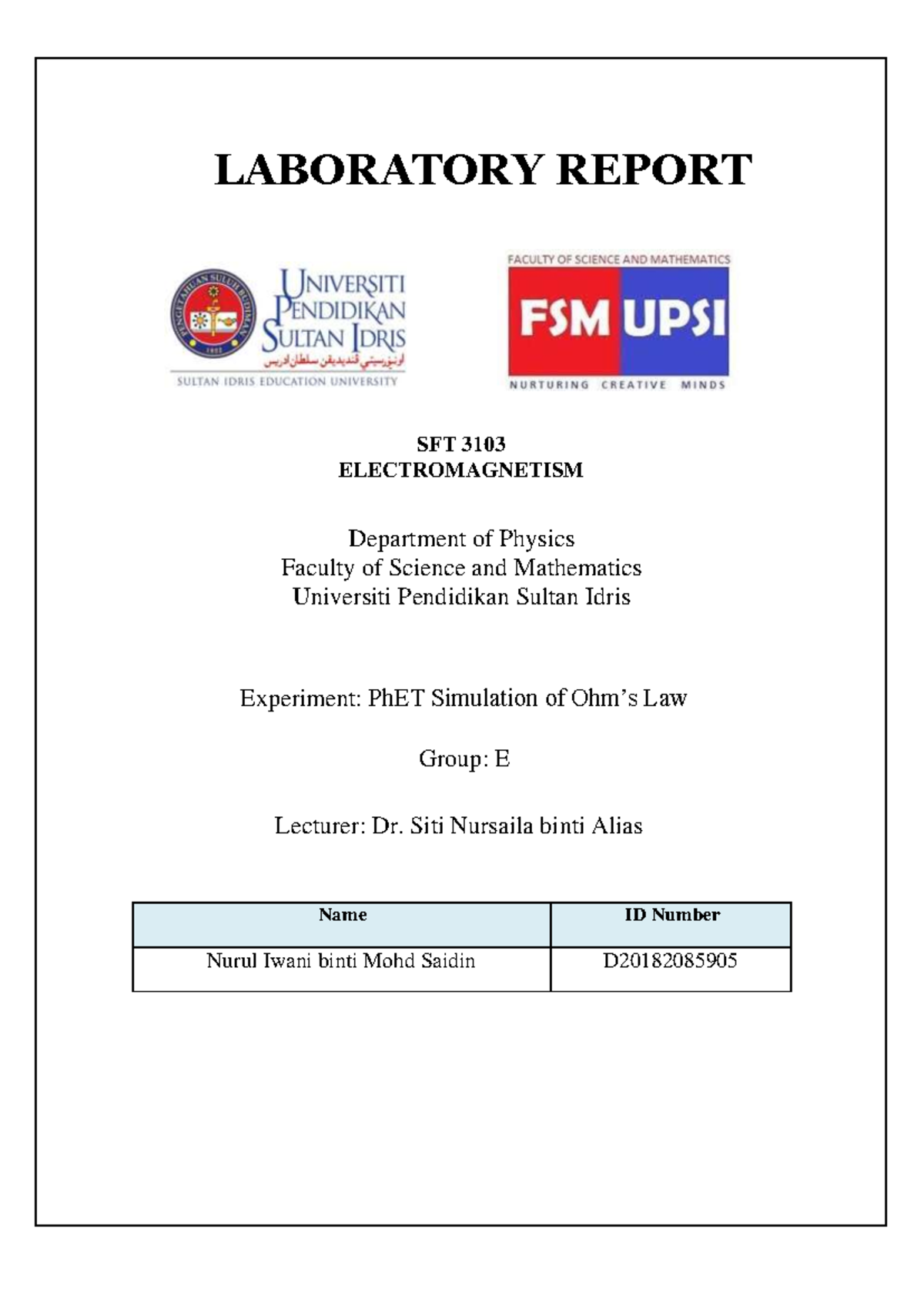 Lab Report 1 - SFT 3103: Exploring Ohm's Law through Simulation - Studocu