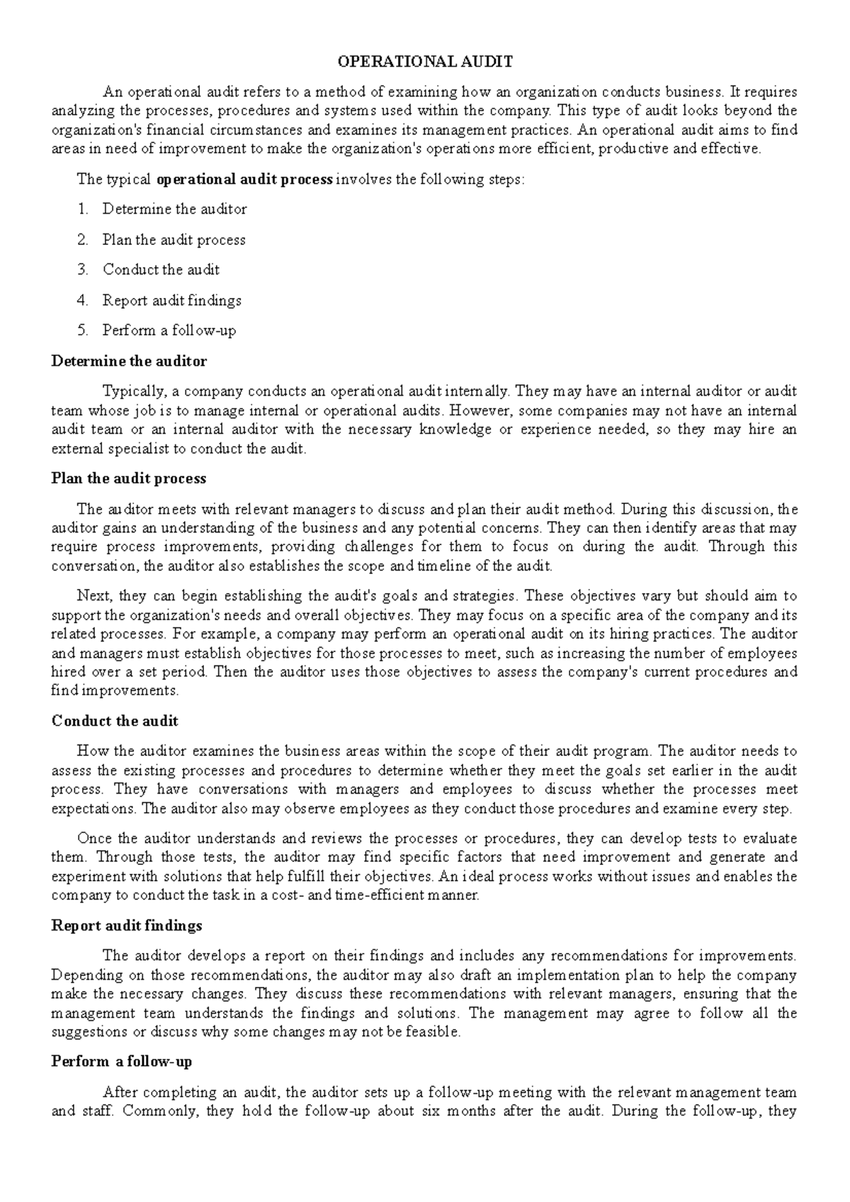 Operational Audit Notes - OPERATIONAL AUDIT An operational audit refers ...