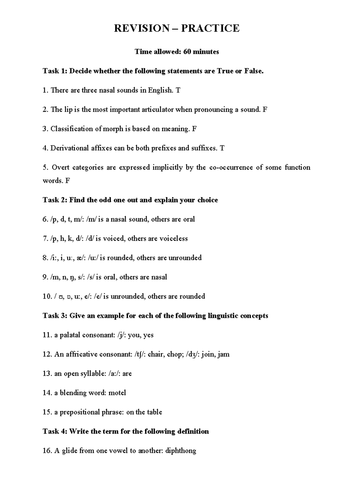 Linguistics Revision Practice: True/False & Structure Identification ...