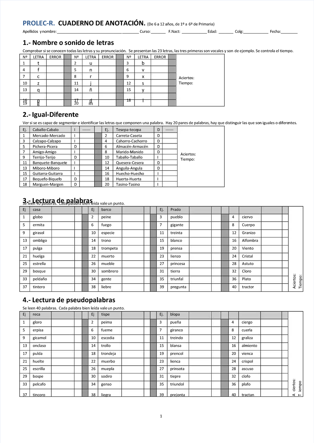 CUADERNO DE ANOTACIÓN: Evaluación de Lectura y Comprensión (1º-6º ...