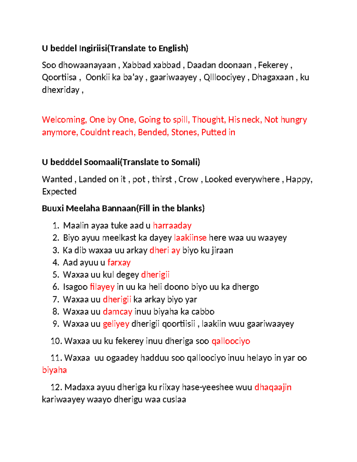 Somali Language Midterm Translation and Fill-in-the-Blank Practice ...