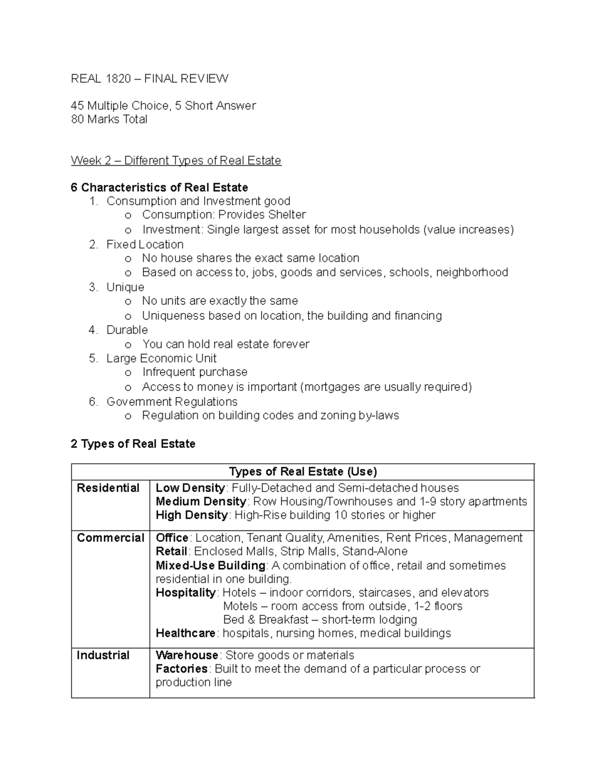 Final Review Notes for REAL 1820: Key Concepts and Market Analysis ...