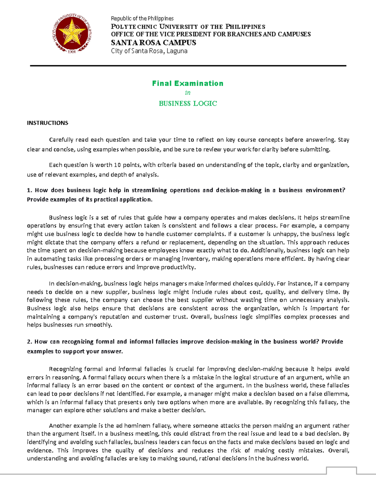 Business Logic 101: Final Exam Guide for BLogic Course - Studocu