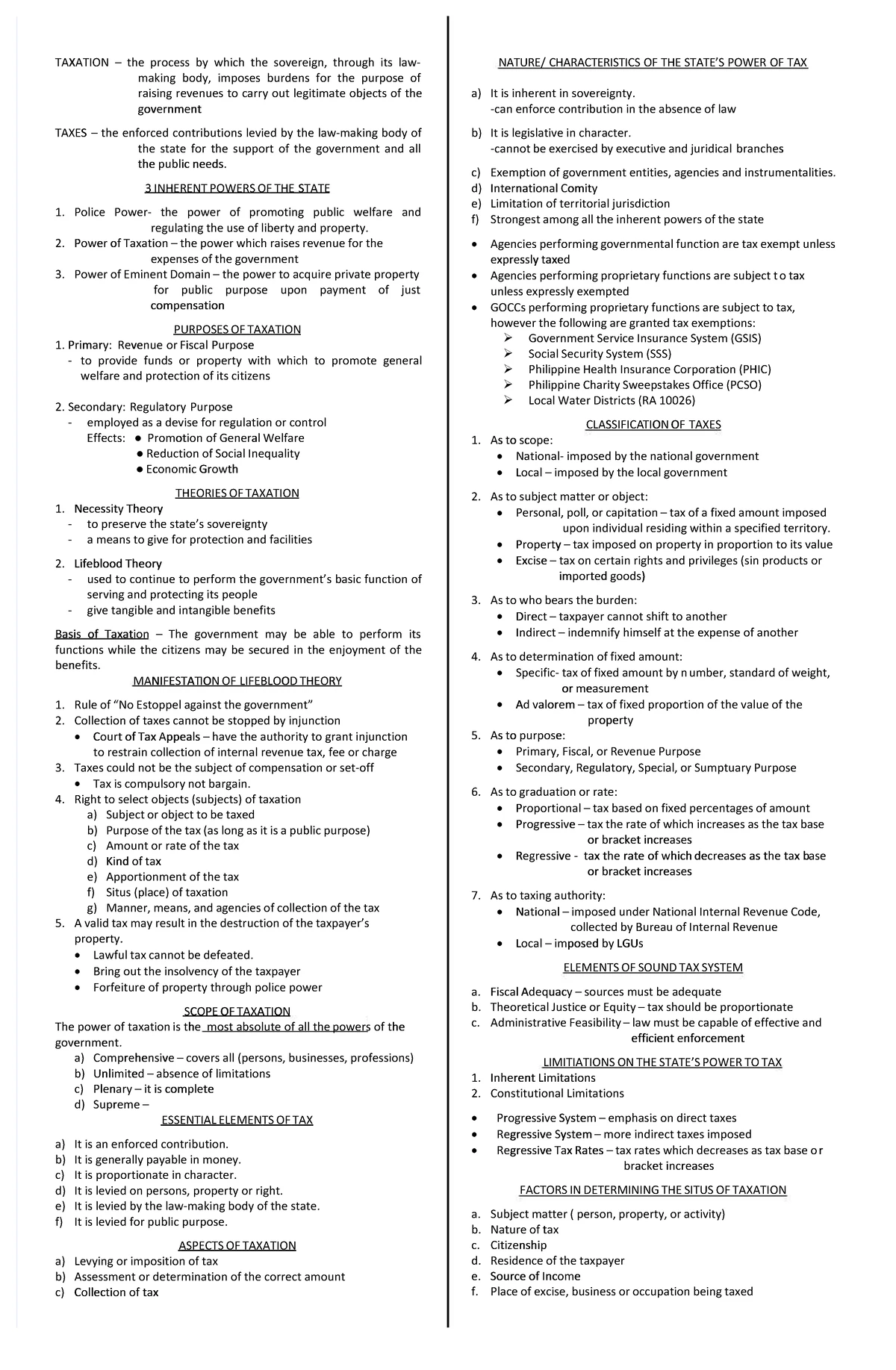 Taxes - Scope of taxtion - SUMMARY Scope of the Power of Taxation a ...