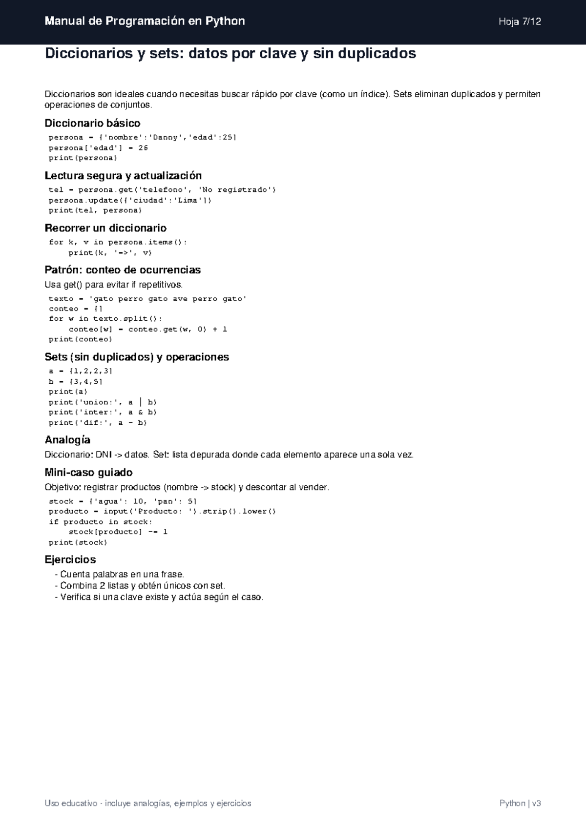 Manual Python Hoja 07: Diccionarios y Sets en Programación - Studocu