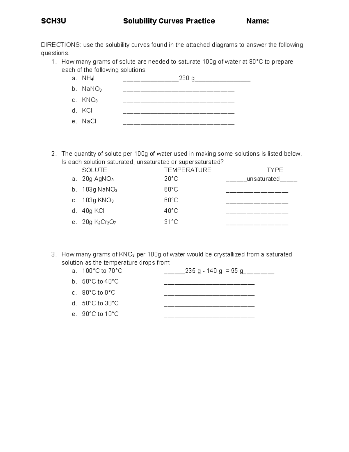 SCH3U Solubility Curves Practice Questions and Solutions Guide - Studocu