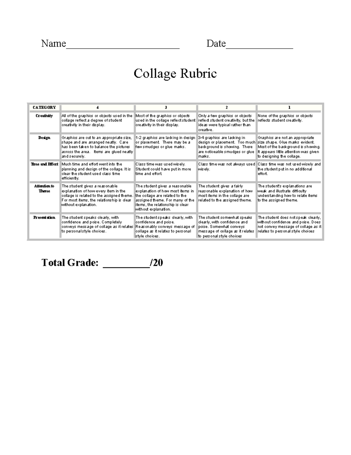 Collage rubric - ... - Name______________________ Date ...
